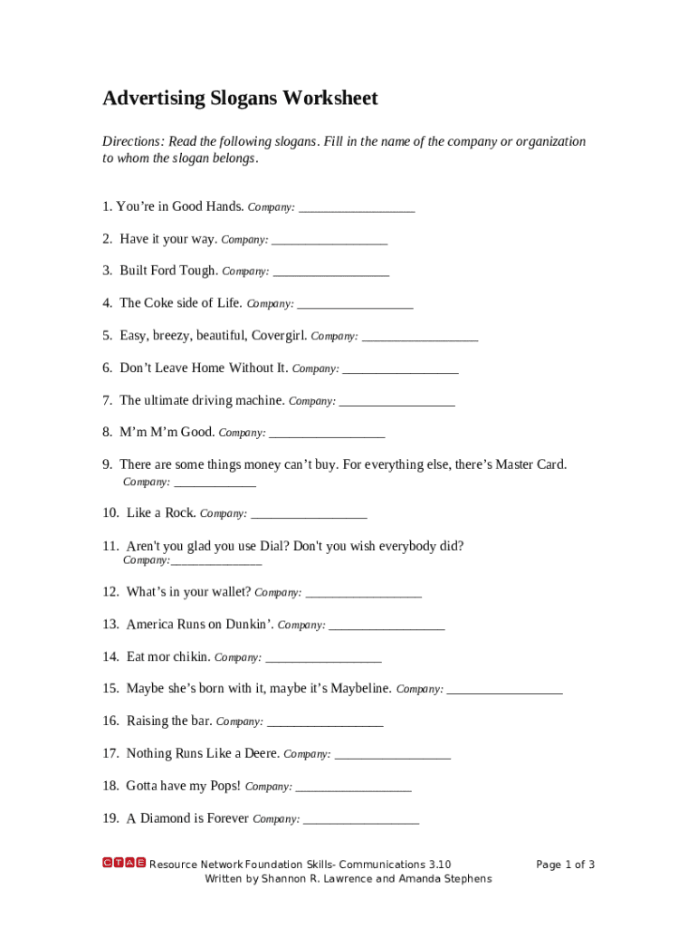 Activity 10 1 - Advertising Slogans Worksheet Directions Doc Template ...