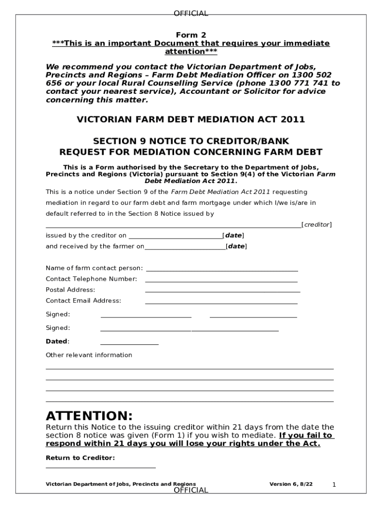 Section 9 notice from the farmer to the creditor Doc Template | pdfFiller