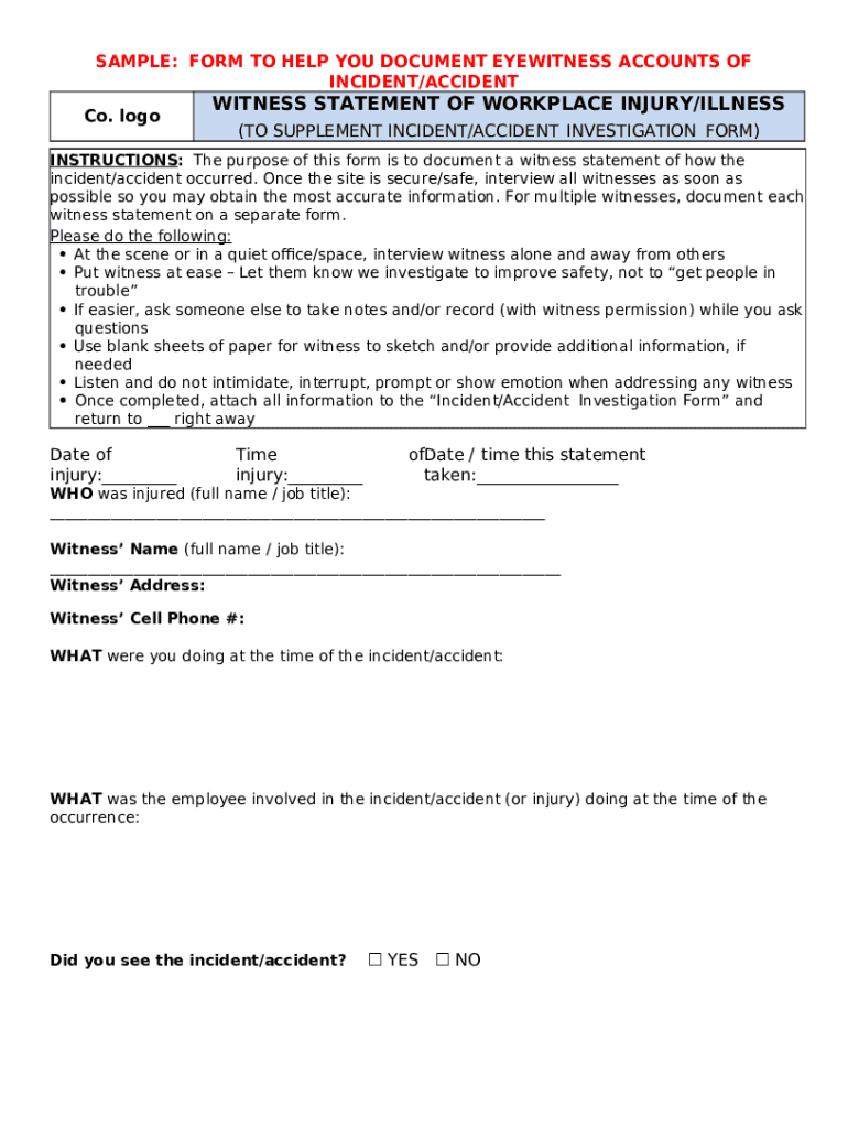 witness statement of workplace injury/illness Doc Template | pdfFiller