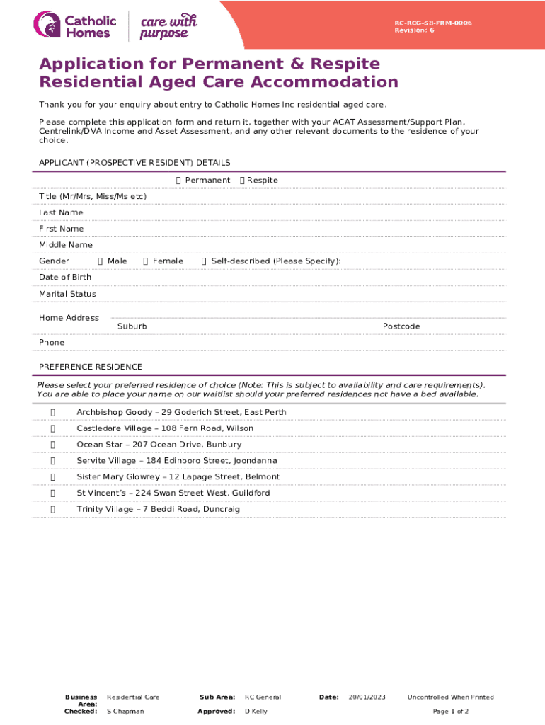 Residential Aged Care and Respite Application Doc Template | pdfFiller