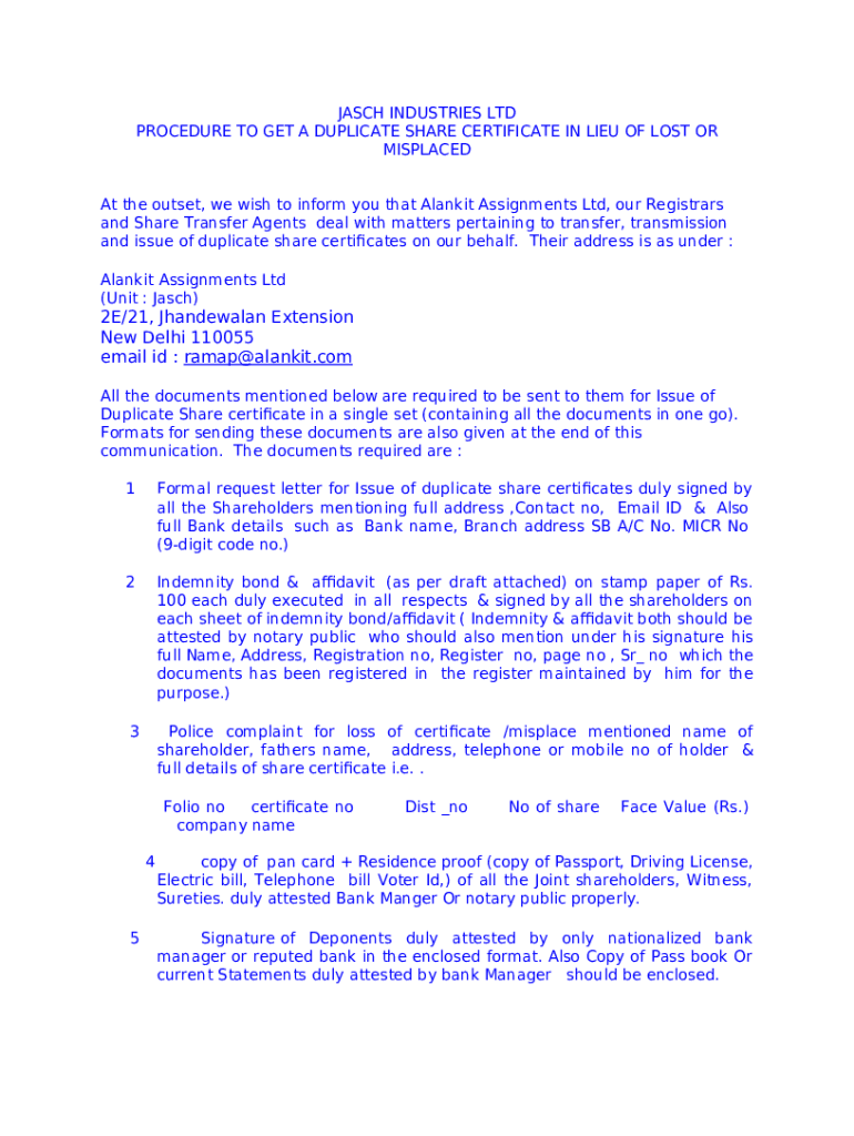 Procedure For Issue Of Duplicate Share Certificate In India Doc Procedure For Issue Of Duplicate Share Certificate In India Doc