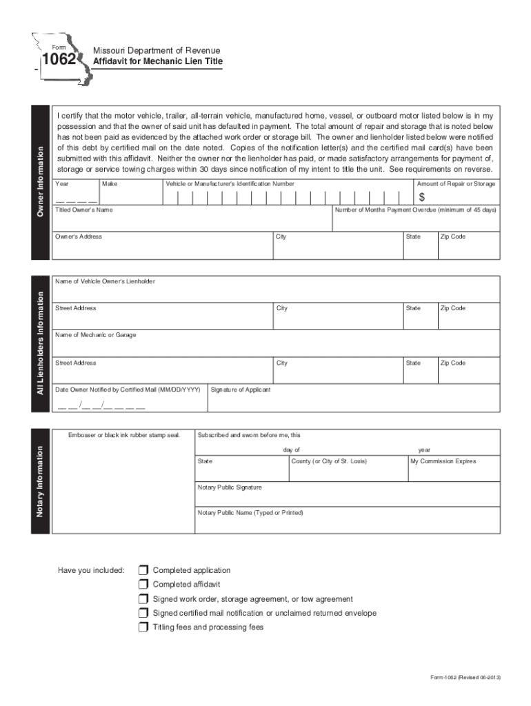 Fillable Online Form MO-1062 - Affidavit for Mechanic Lien Title - cloudfront.net Fax Email ...