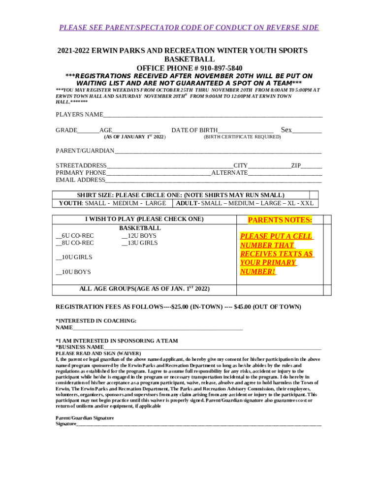 Erwin Recreation Department Doc Template | pdfFiller