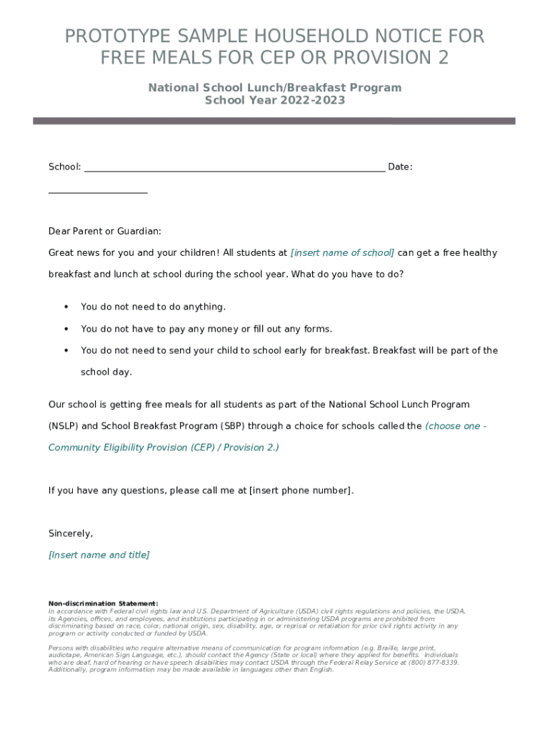PROTOTYPE SAMPLE HOUSEHOLD NOTICE FOR FREE MEALS FOR CEP OR PROVISION 2 ...