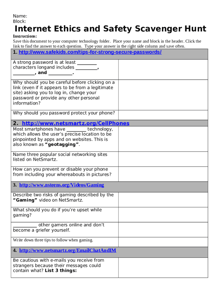 Internet Ethics and Safety Scavenger Hunt Check List - sites msdwt k12 ...
