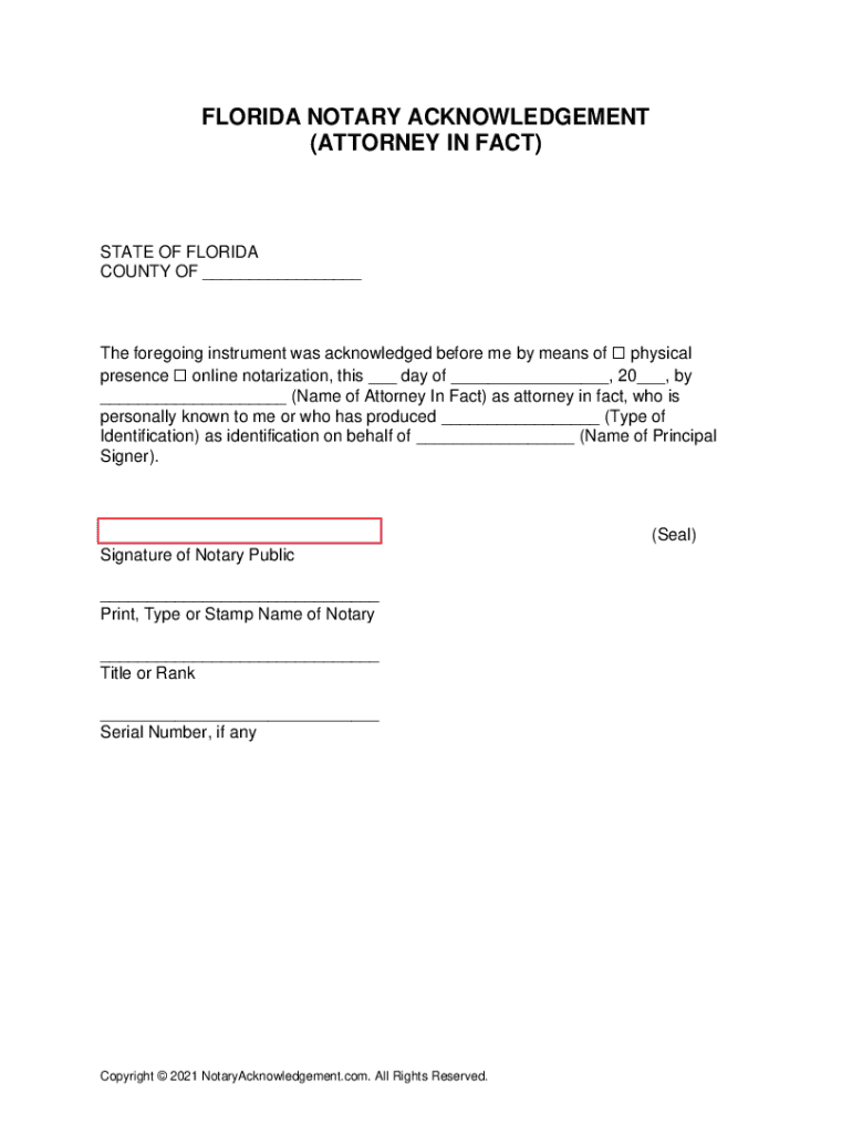 Fillable Online Florida Notary Acknowledgement - Attorney In Fact Fax ...