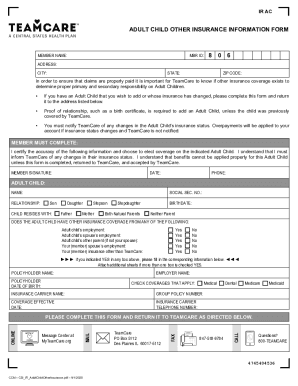 Fillable Online TeamCare Adult Child Other Insurance Form. TeamCare ...
