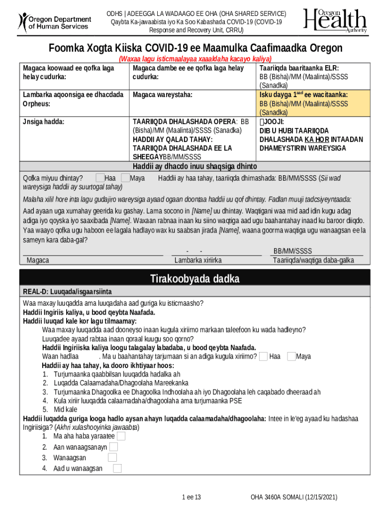 OHA 3460A Oregon Health Authority COVID-19 Case Data Doc Template | pdfFiller