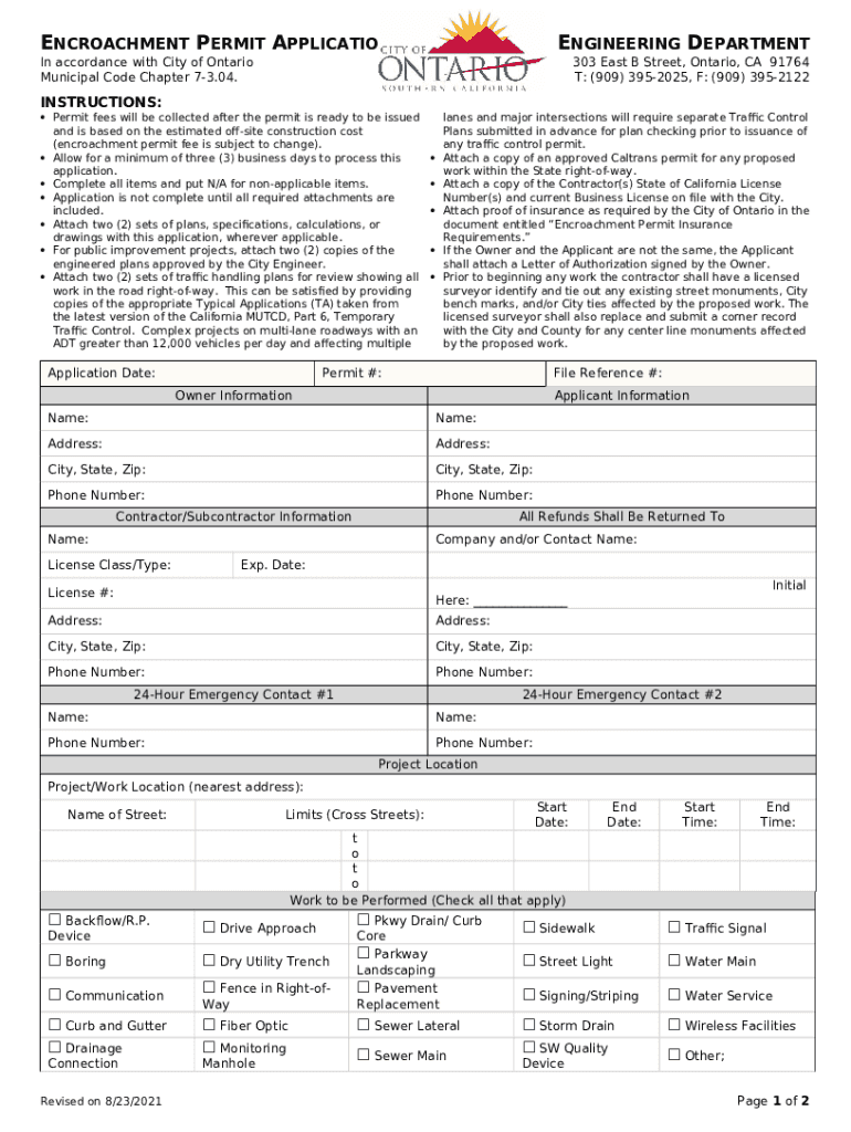 Encroachment Permits & Inspections Doc Template | pdfFiller