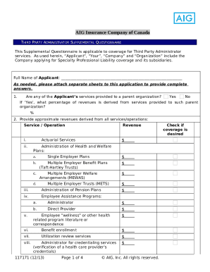 Third Party Administrators Supplemental Questionnaire Doc Template ...