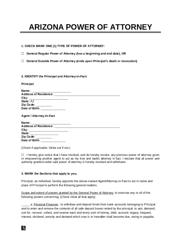 Arizona Power of Attorney - Blank Fillable Template | Fill Out, Print ...
