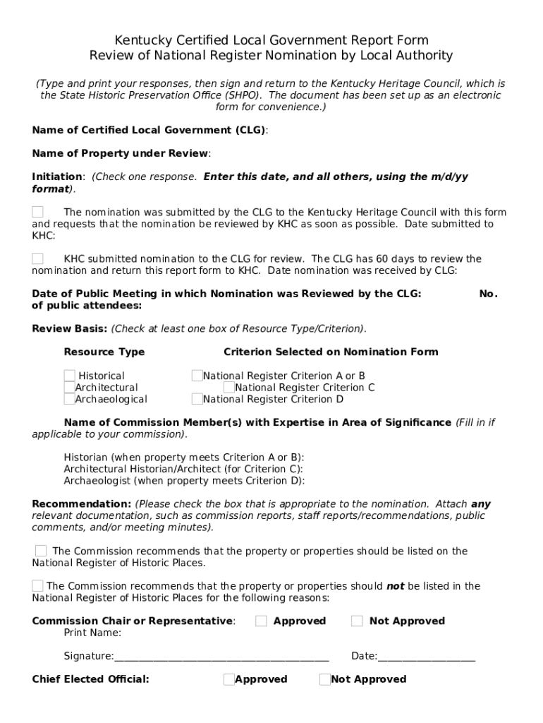 Certified Local Government/National Register report - heritage ky Doc Template | pdfFiller