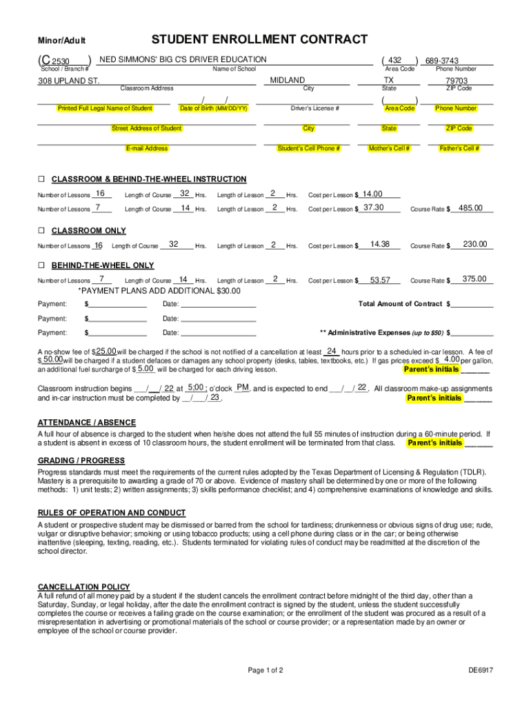Fillable Online Student Enrollment ContractNed Simmons' Big C's Driver's ... Fax Email Print ...