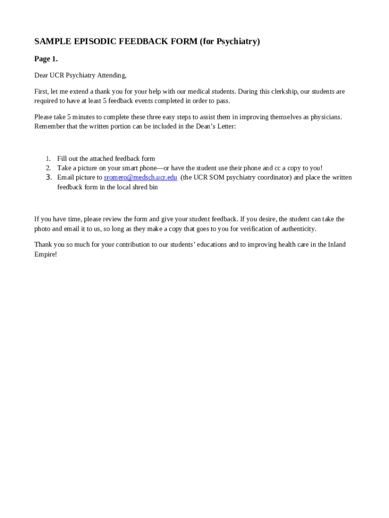 SAMPLE EPISODIC FEEDBACK (for Psychiatry) Doc Template | pdfFiller