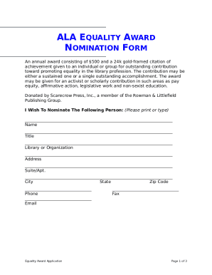 Equality Award Nomination Doc Template | pdfFiller