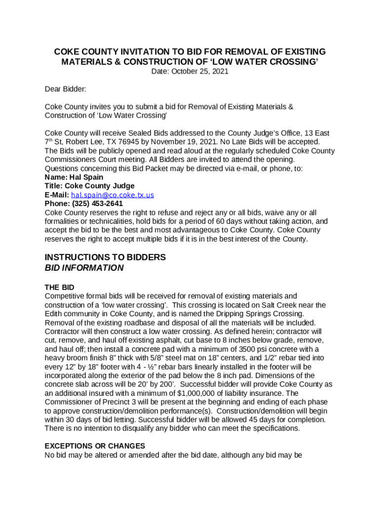 instructions to bidders bid ination - Coke County Doc Template | pdfFiller