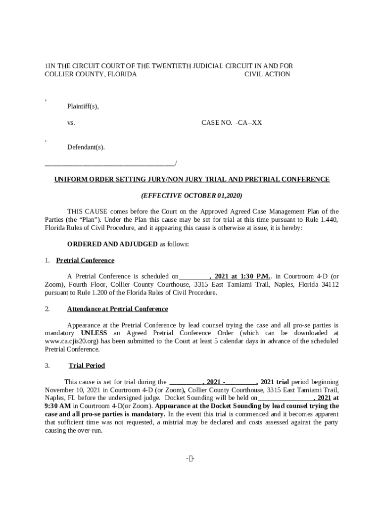 Collier County Uni Order Setting Jury Trial/Non ... Doc Template | pdfFiller