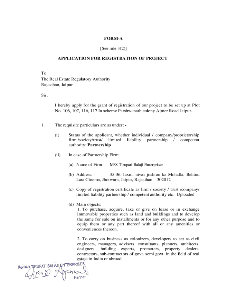 Fillable Online FORM-A See rule 3(2) APPLICATION FOR ... Fax Email ...