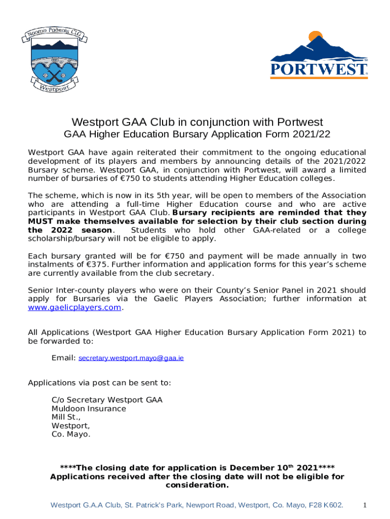 GAA Higher Education Bursary Application - Westport GAA Doc Template ...