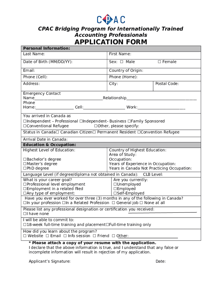 Topic: CPAC Bridging Program for Internationally Trained ... Doc Template | pdfFiller