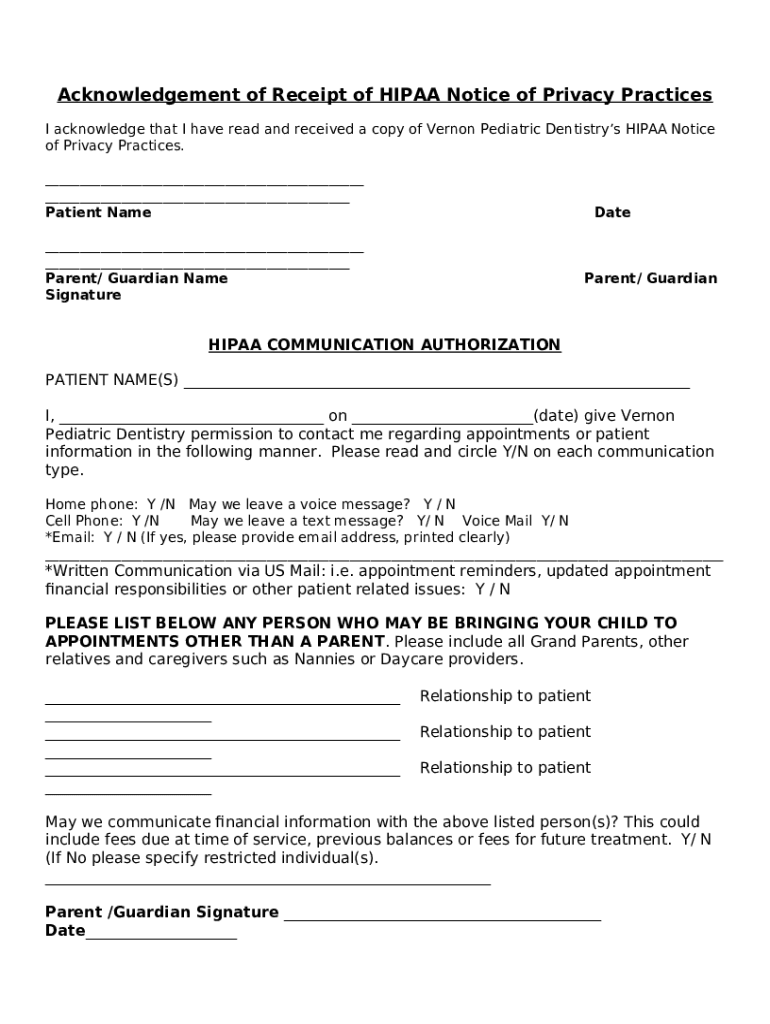 ACKNOWLEDGEMENT OF RECEIPT OF HIPAA NOTICE ... Doc Template | pdfFiller