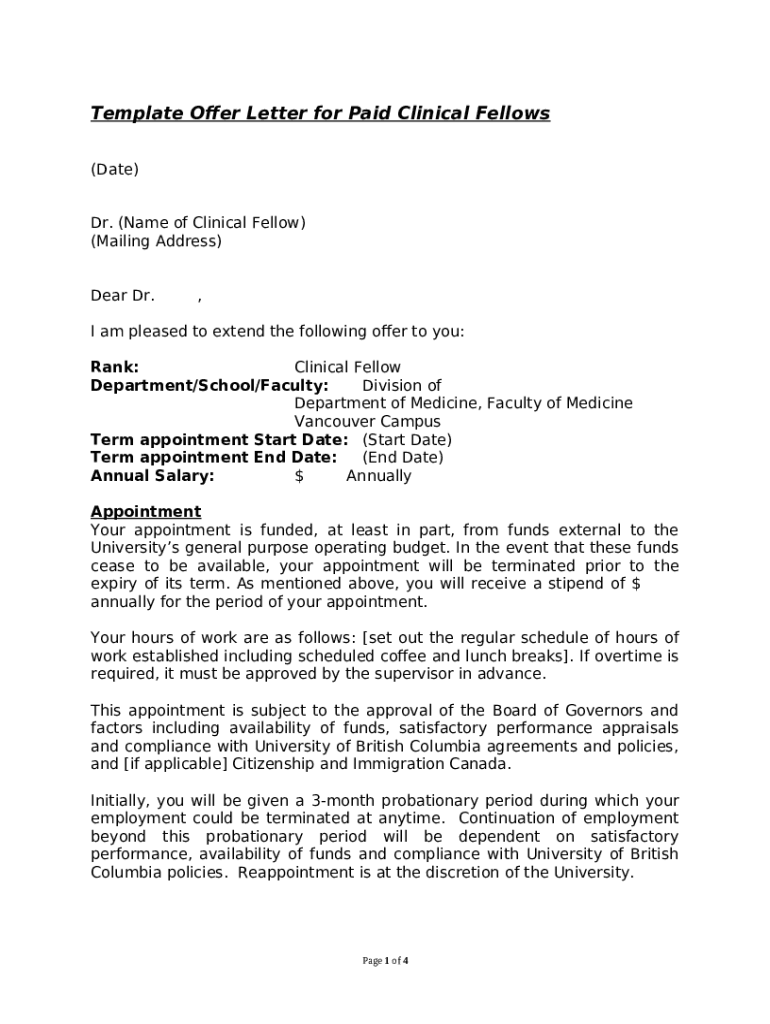 Template Offer Letter for Paid Clinical Fellows - medicine med ubc Doc ...