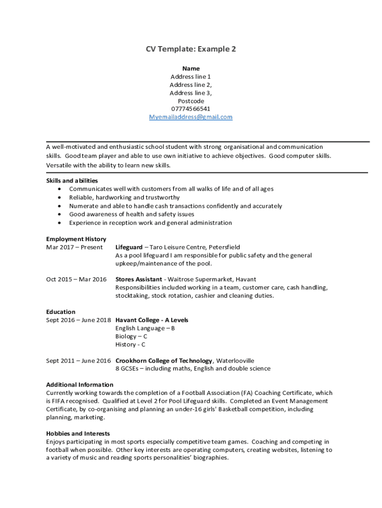 Fillable Online CV Template: Example 2 Fax Email Print - pdfFiller