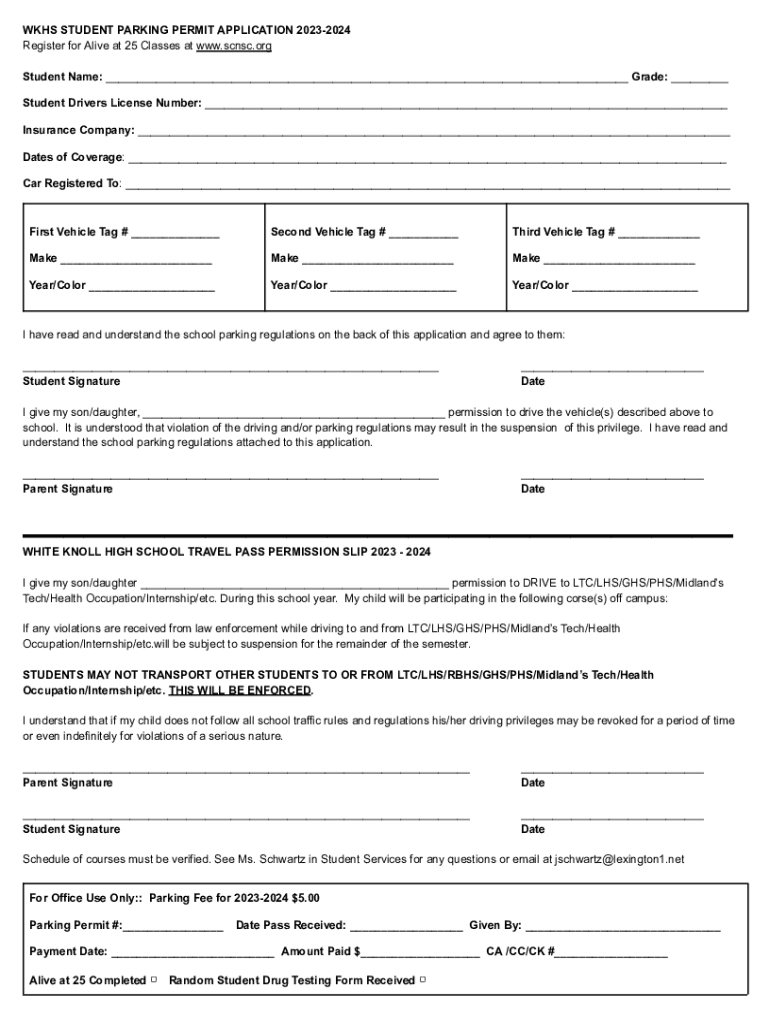 Fillable Online WKHS STUDENT PARKING APPLICATION MASTER Fax Email Print - pdfFiller