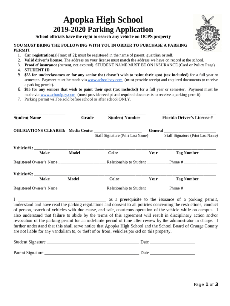 Student Parking Application - Apopka HS - OCPS Doc Template | pdfFiller