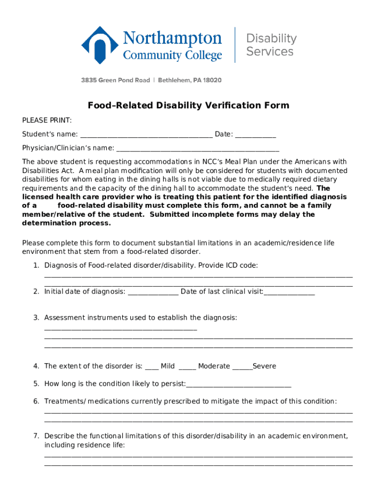 FoodRelated Disability Verification Doc Template | pdfFiller