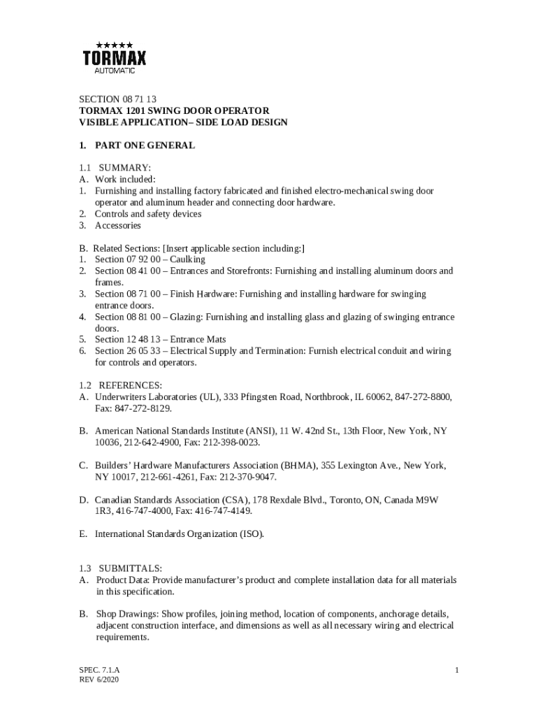 Tormax 1201 Swing Door OperatorSide Load Design Doc Template | pdfFiller
