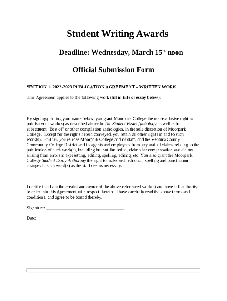 Student Writing Awards Deadline Doc Template | pdfFiller