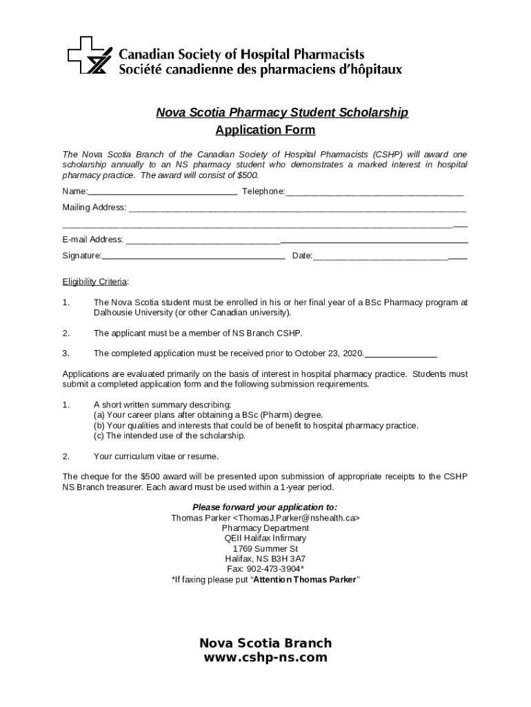 Nova Scotia Pharmacy Student Scholarship Doc Template | pdfFiller