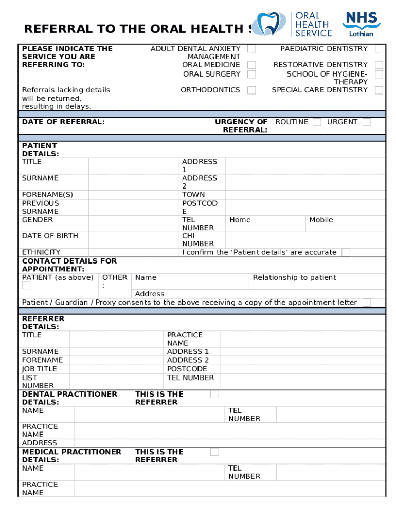 Oral Health Service referral Doc Template | pdfFiller