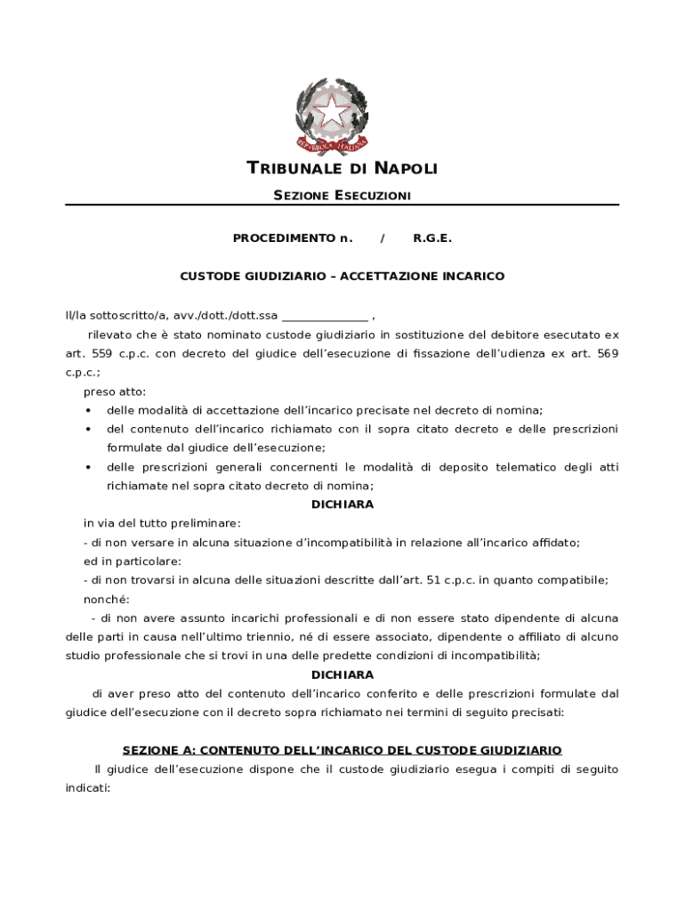 Custode Giudiziario - Modulo Accettazione Incarico.doc Doc Template | pdfFiller
