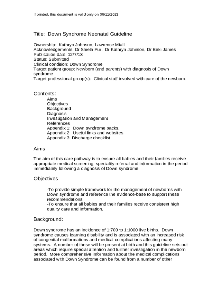 Title: Down Syndrome Neonatal Guideline/care pathway Doc Template ...