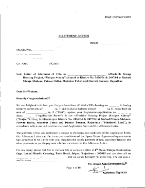 Fillable Online Sub: Letter of Allotment of Villa in Fax Email Print ...