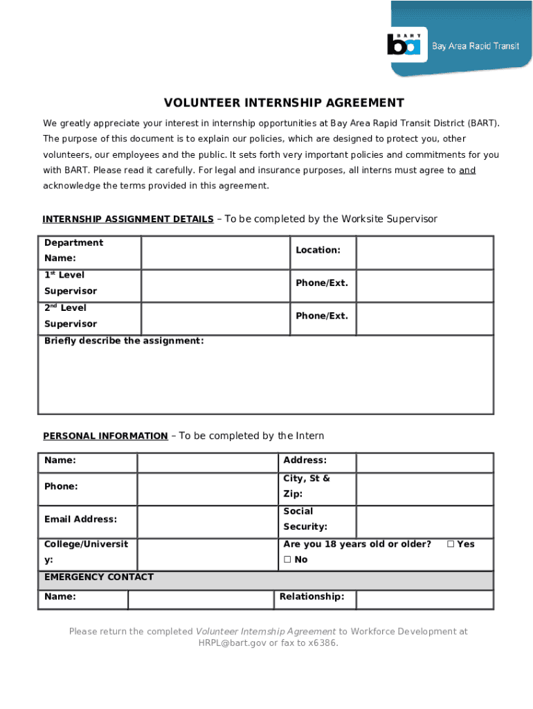 volunteer internship agreement: terms & conditions - ess bart Doc ...