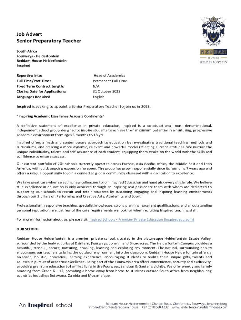 Fillable Online Job Advert Senior Preparatory Teacher Fax Email Print ...
