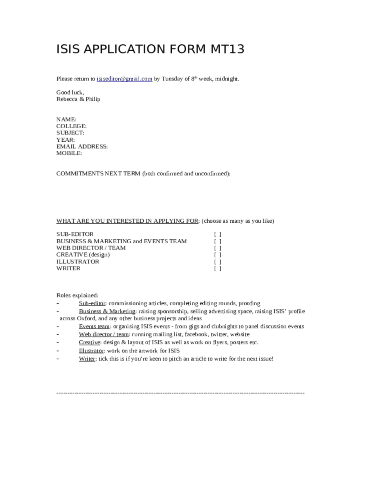 ISIS APPLICATION TT11 Doc Template | pdfFiller