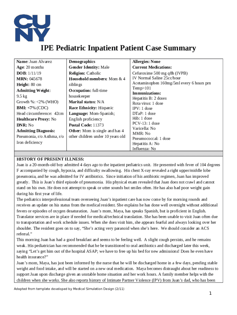 IPE Pediatric Inpatient Patient Case Summary Doc Template | pdfFiller