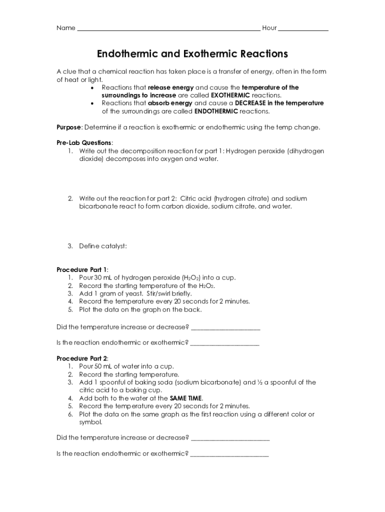 Fillable Online Endothermic and Exothermic Reactions - Video & Lesson ...