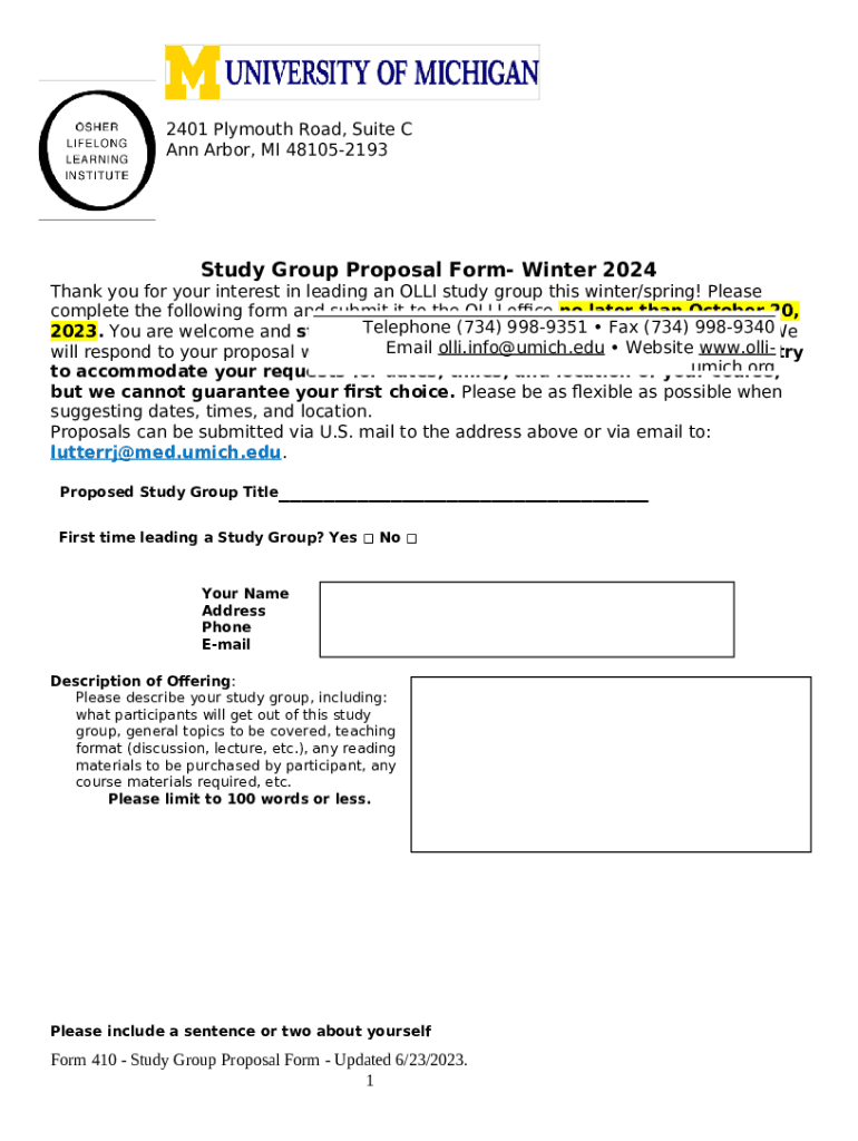 Study Group Proposal - Winter 2024 - Michigan Medicine Doc Template | pdfFiller