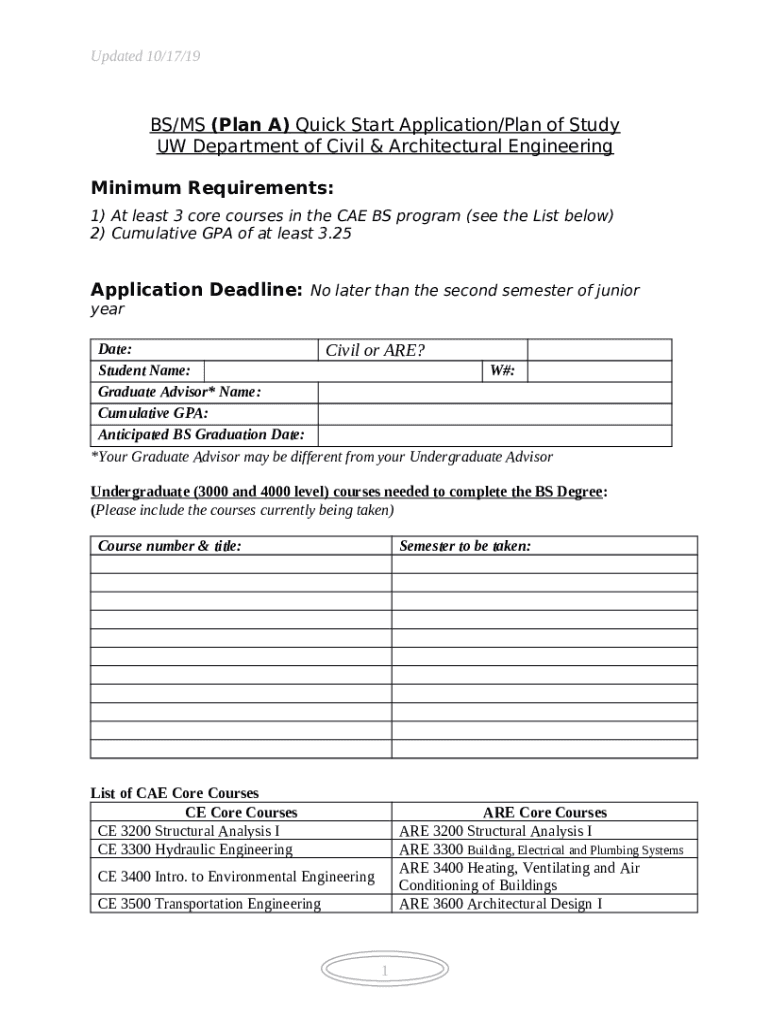 BS/MS Quick Start Plan A Application/Plan of Study Doc Template | pdfFiller