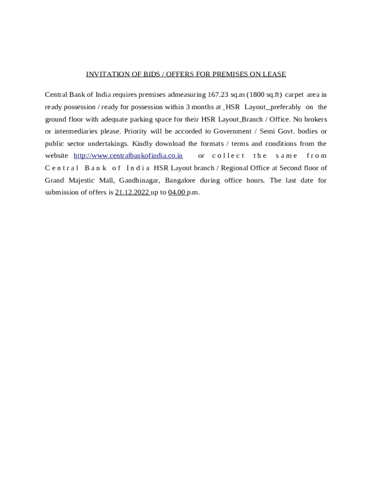 INVITATION OF BIDS / OFFERS FOR PREMISES ON ... Doc Template | pdfFiller