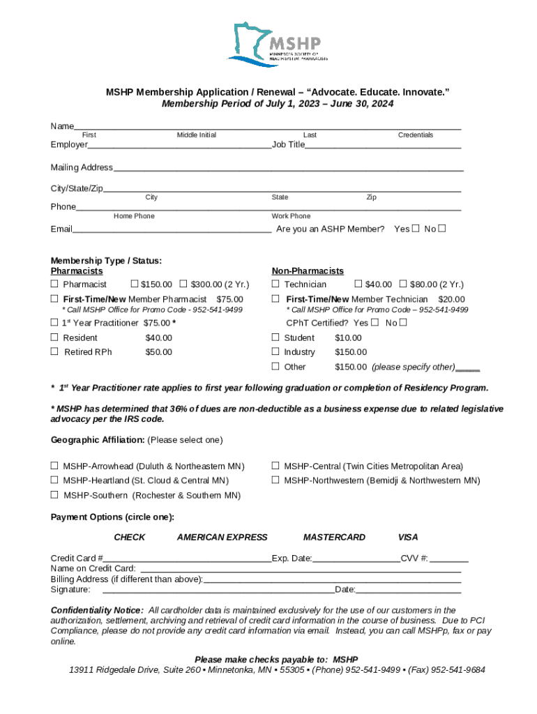 Join or Renew Your MSHP Membership Doc Template | pdfFiller