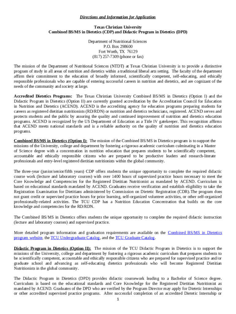 Nutrition MS, with DPD Verification - Texas Christian University Doc Template | pdfFiller