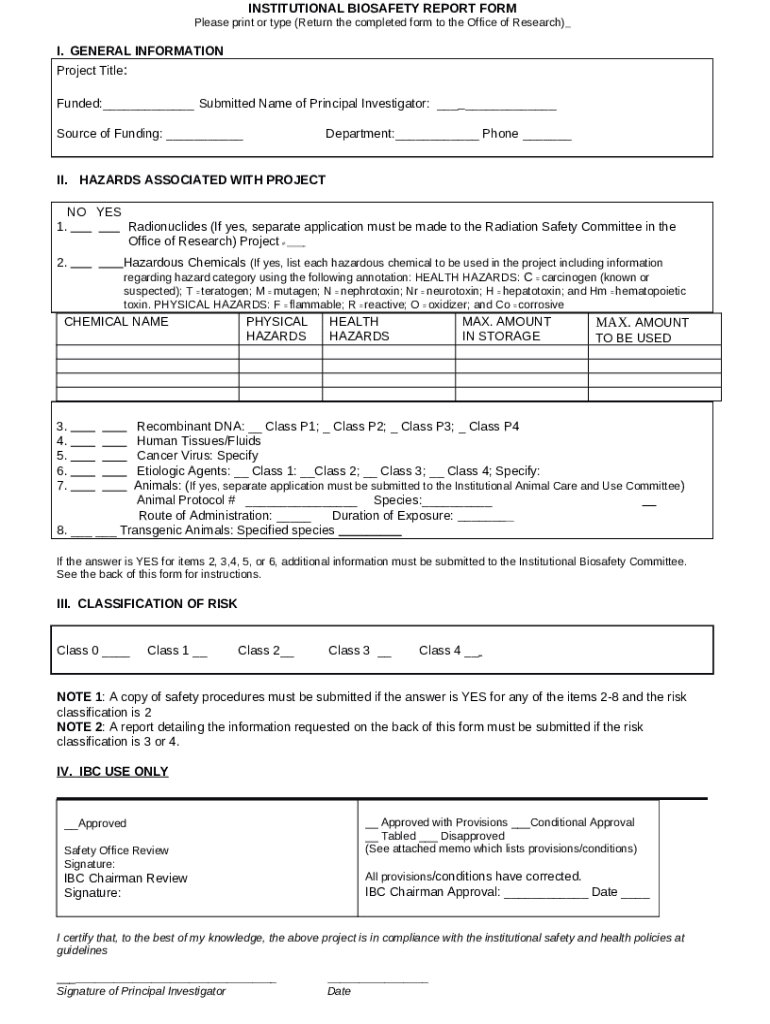 INSTITUTIONAL BIOSAFETY REPORT Doc Template | pdfFiller
