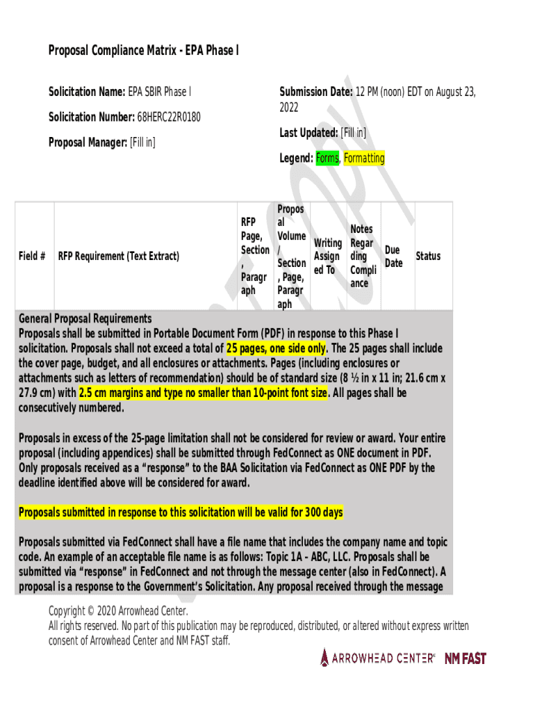 EPA SBIR Compliance Matrix - Arrowhead Center Doc Template | pdfFiller