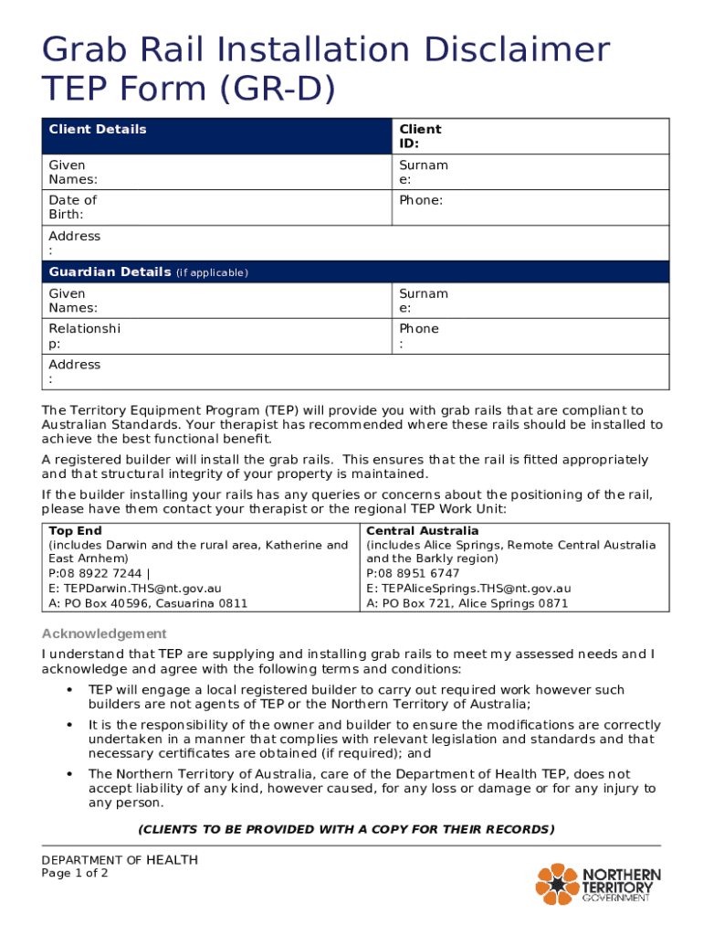Grab Rail Installation Disclaimer TEP (GR-D) Doc Template | pdfFiller